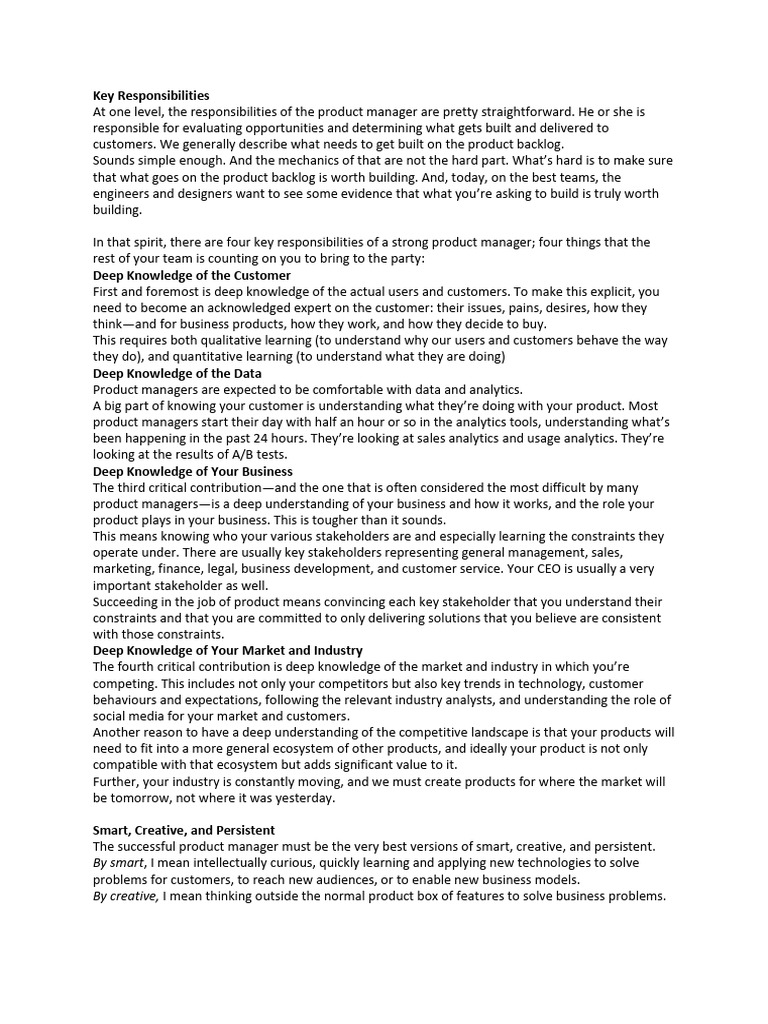 Key Responsibilities Product Manager | PDF | Analytics | Knowledge
