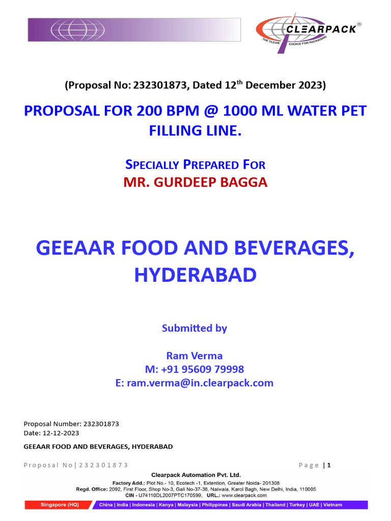 Clearpack Proposal For The 200 BPM Water PET Filling Line For Geeaar Beverages, Hyderabad. | PDF
