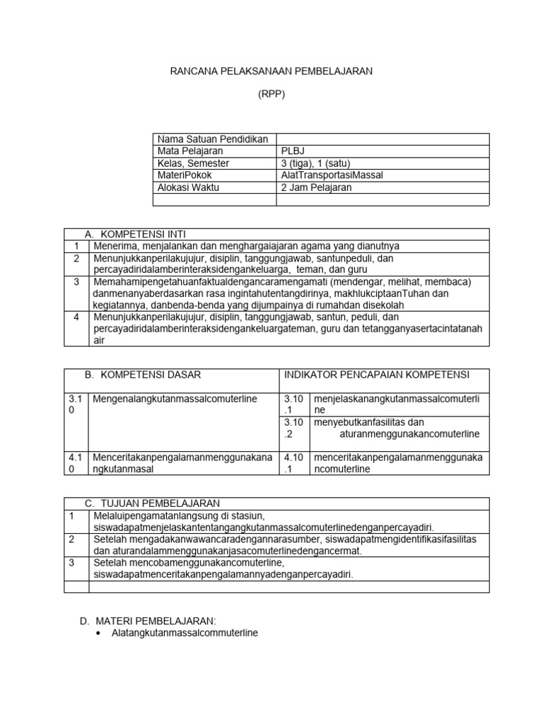 RPP PLBJ Kelas 3 Bab Alat Transportasi Massal | PDF