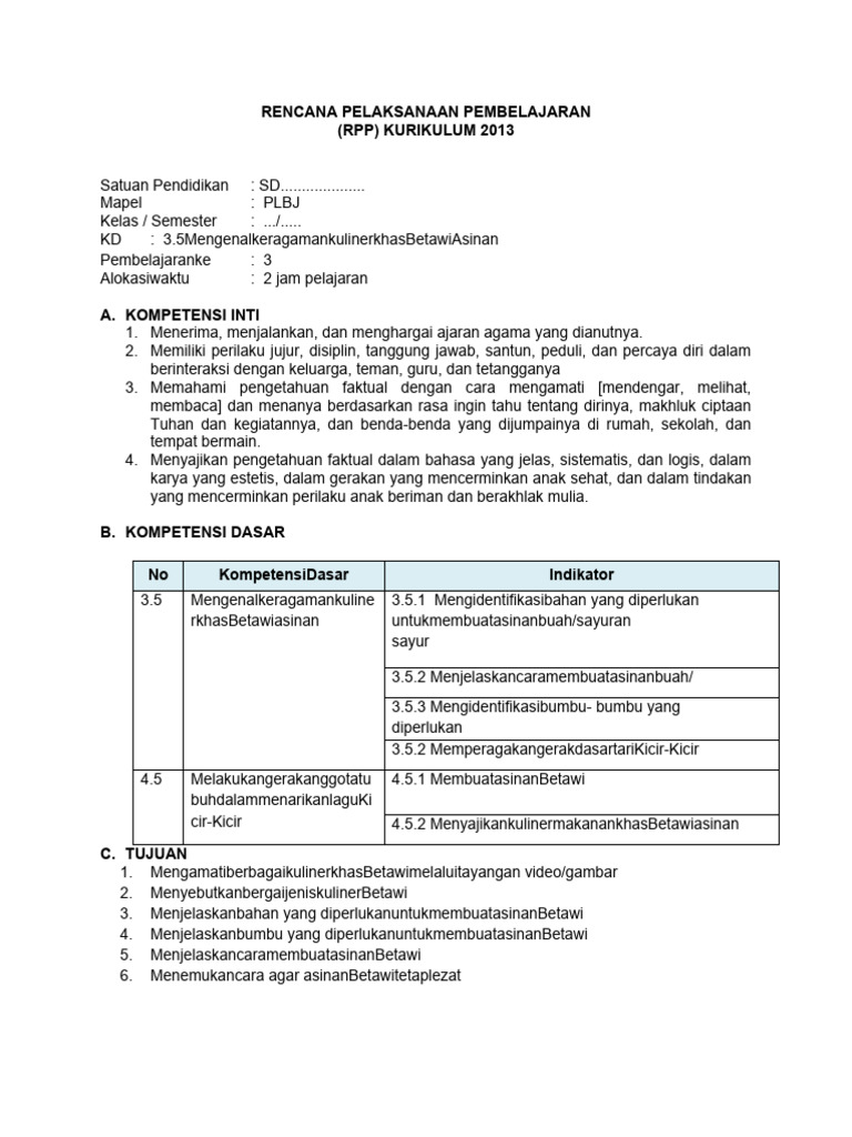 RPP PLBJ Kelas 3 Bab Asinan Betawi | PDF | Karier & Perkembangan