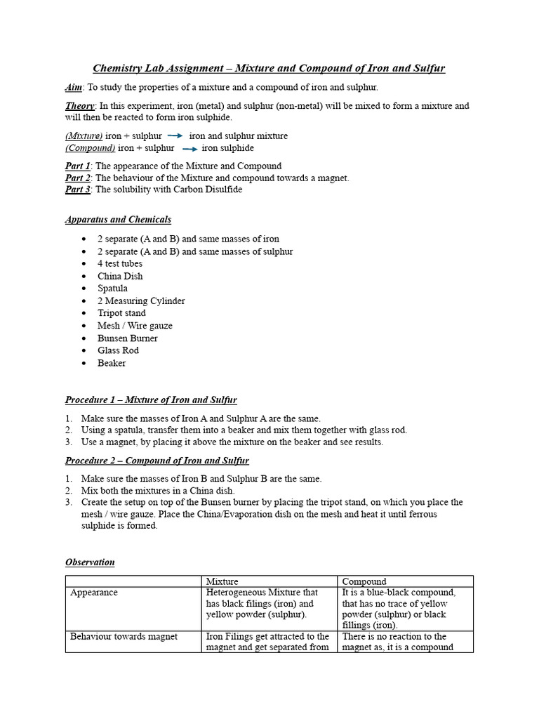 Chemistry Lab Experiment - Elements, Compounds and Mixtures | PDF ...