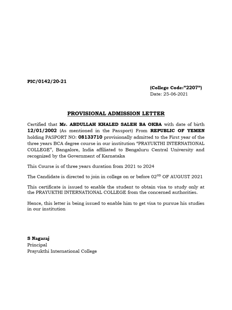 Provisional Admission Letter: PIC/0142/20-21 (College Code:"2207 ...