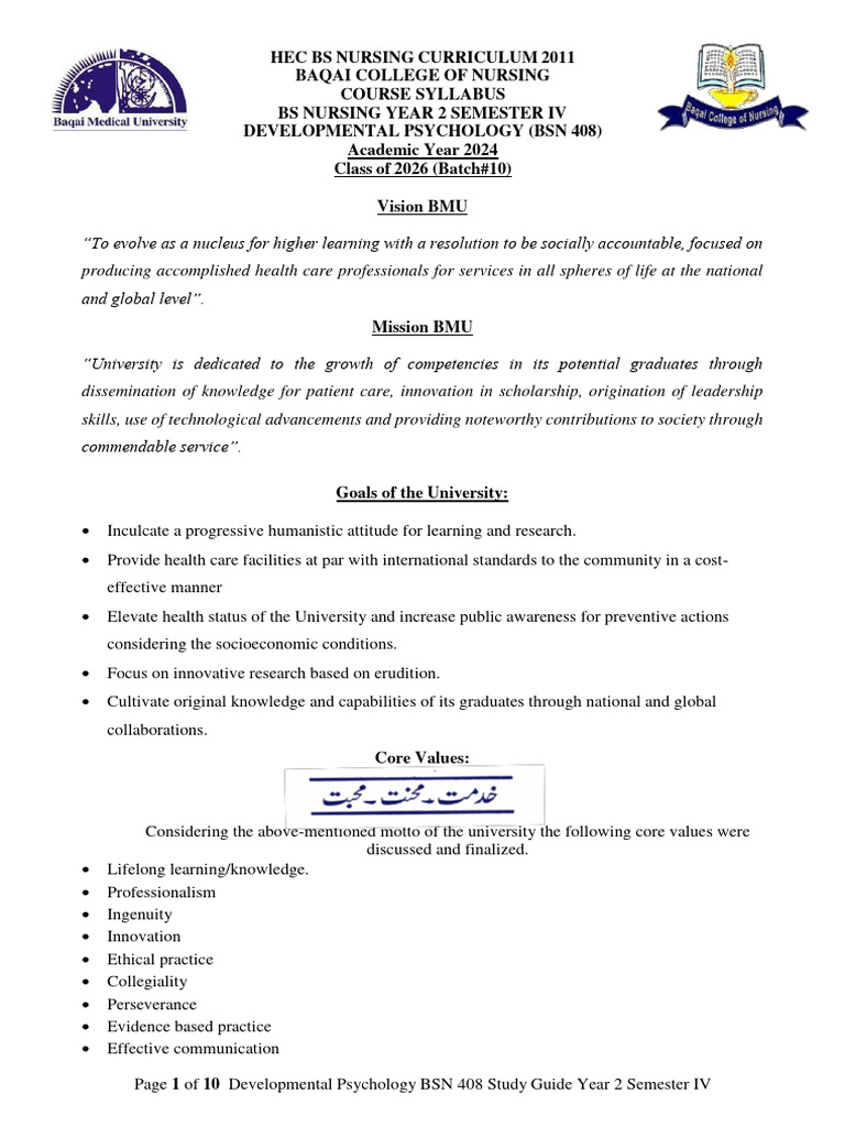 Developmental Psychology (BSN 408) Course Syllabus Y-2 S-IV Batch 10 FINAL | PDF | Cognitive ...