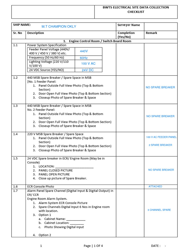 BWTS - Electrical Checklist - R1 | PDF | Mains Electricity | Equipment