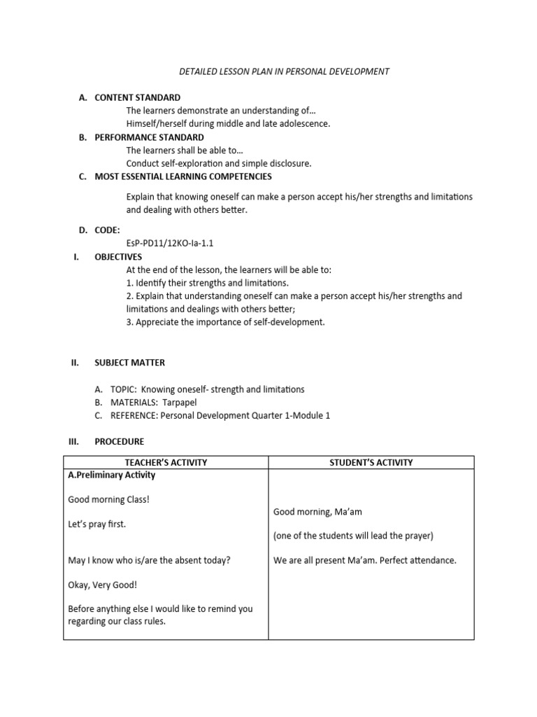 A Detailed Lesson Plan in Personal Development | PDF | Id | Psychology