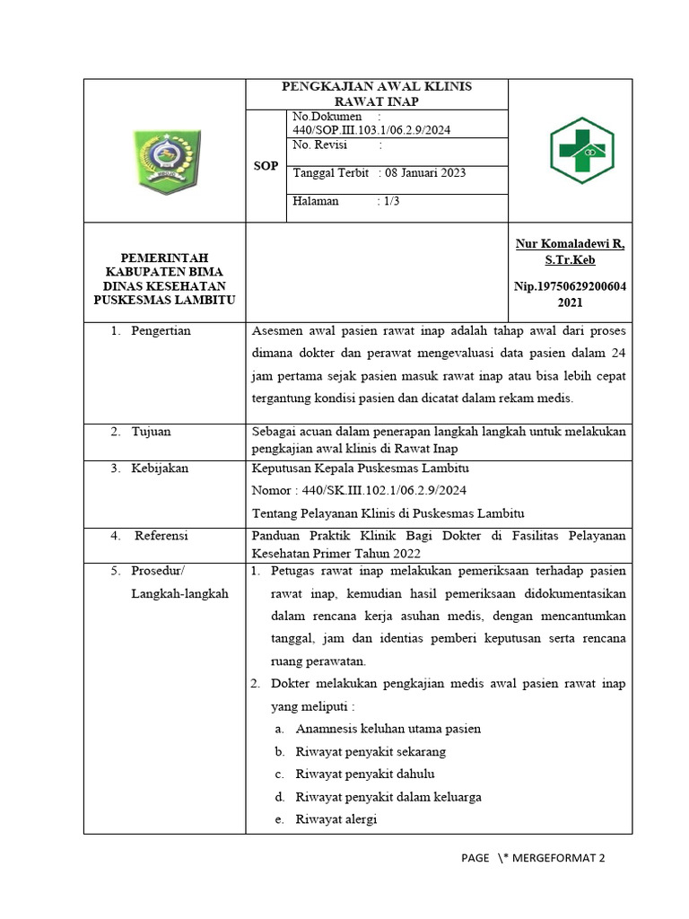 SOP Pengkajian Awal Klinis Rawat Inap bARU | PDF | Sains & Matematika