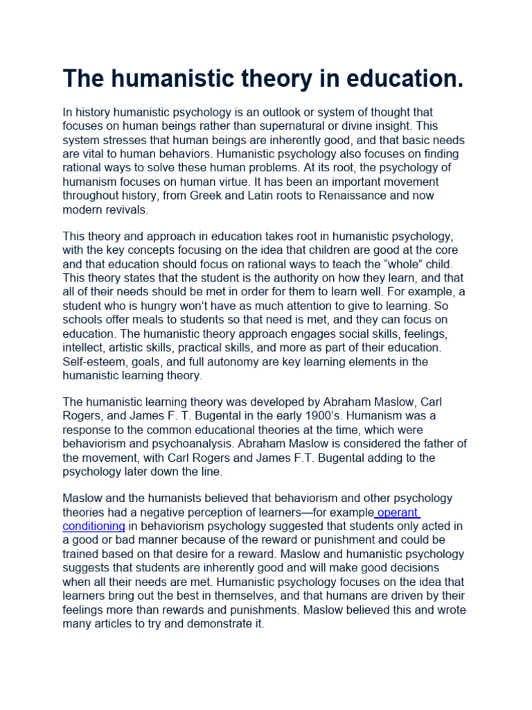 The Humanistic Theory in Education | PDF | Humanistic Psychology | Learning