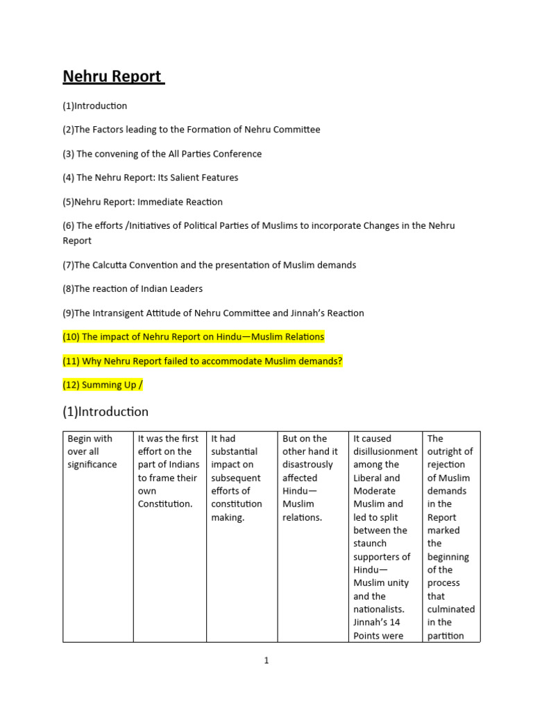 Overview of the Nehru Report's Impact | PDF | All India Muslim League ...
