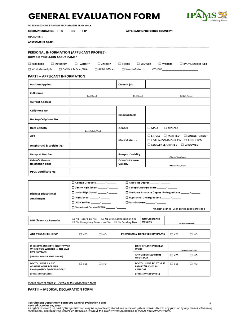 IPAMS General Evaluation Form | PDF | Privacy | Recruitment