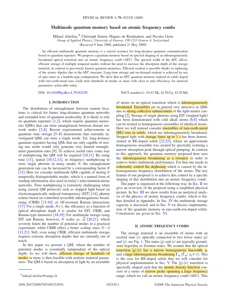 Multimode Quantum Memory Based On Atomic Frequency Combs 2009 | PDF | Photon | Spectral Line