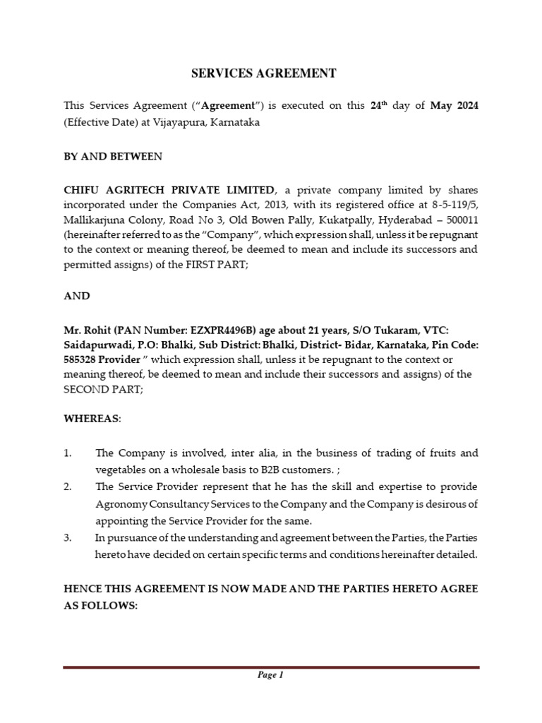 Vegrow Services Agreement-Rohit | PDF | Breach Of Contract | Indemnity