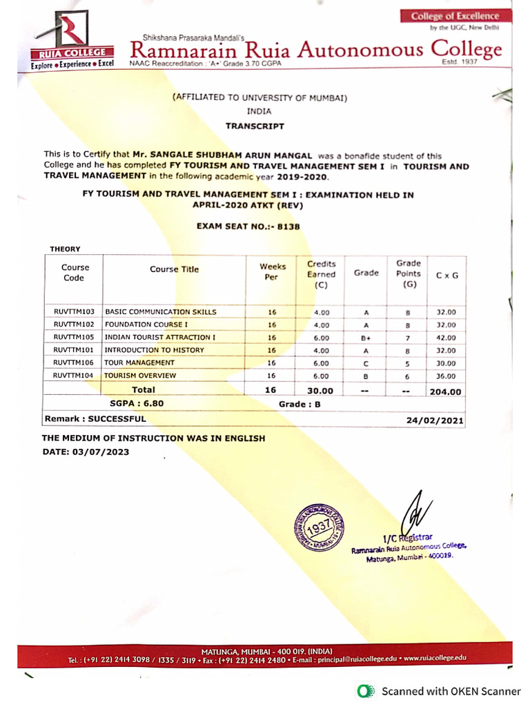 Marksheet Transcript | PDF