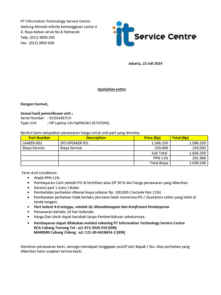 Quatation Letter HP Itsc Makassar - SN 5CD34367CH | PDF