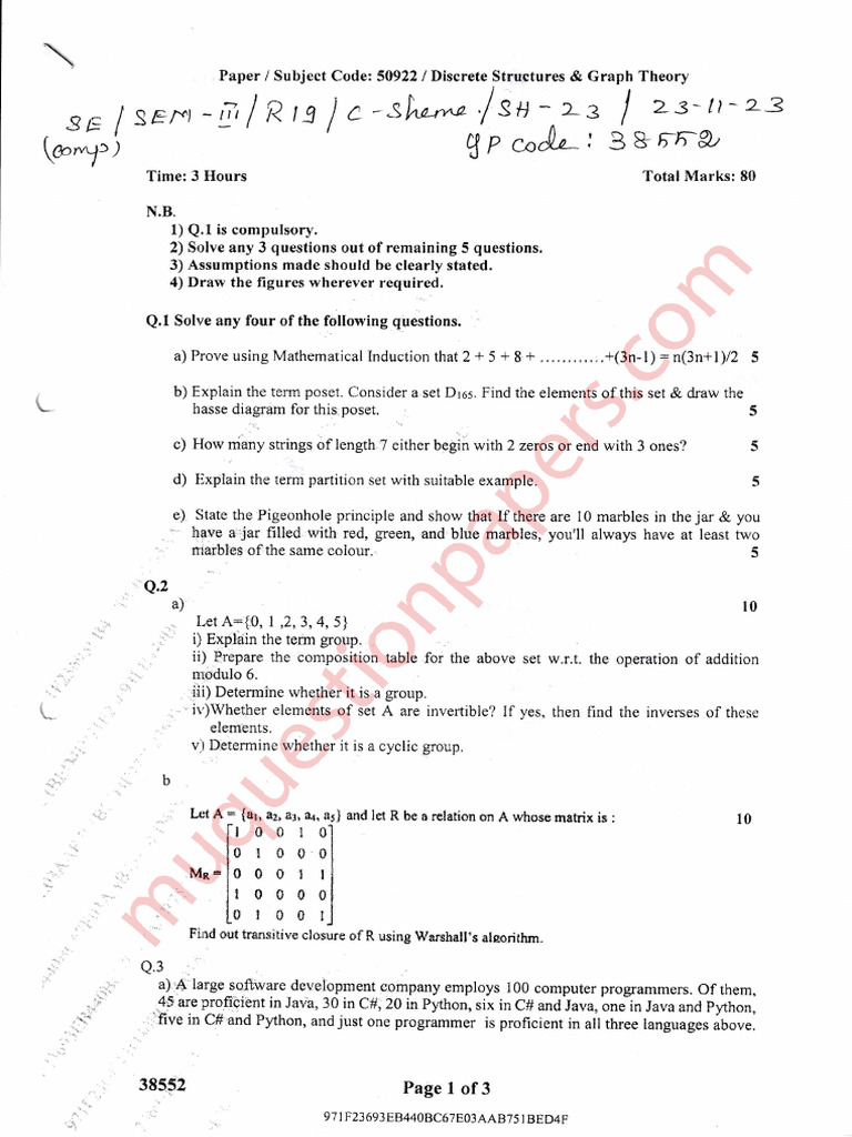 Be Computer Engineering Semester 3 2023 December Discrete Structures and Graph Theoryrev 2019 C ...