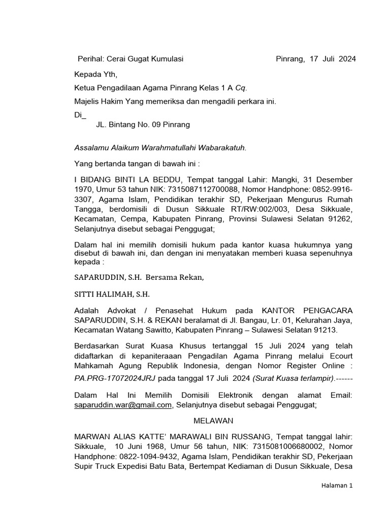 File Gugatan Cerai Gugat Kumulasi I Bidang 4 Ecourt | PDF