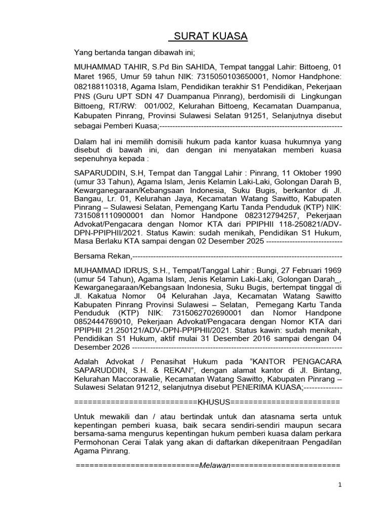 Surat Kuasa Cerai Talak Muhammad Tahir, S.PD Bin Sahida 20240721 | PDF ...