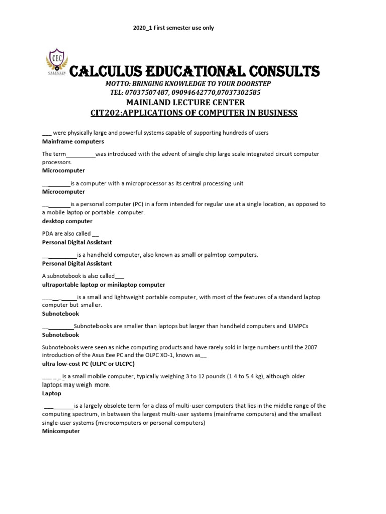 Cit202 Calculus Educational Consult 2020 - 1 | PDF | Computer Network ...
