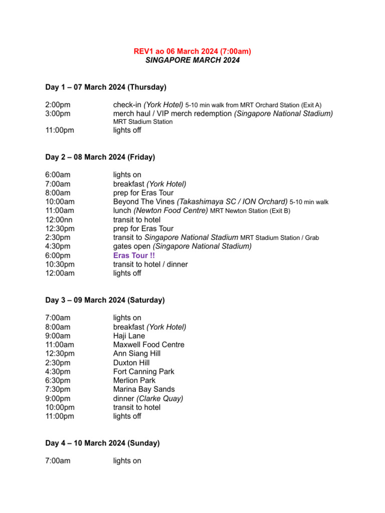SG March 2024 Itinerary REV1 | PDF