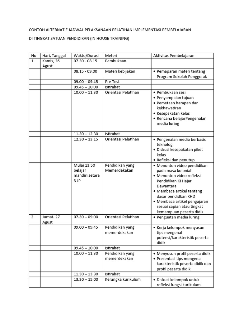 Jadwal Pelatihan In House Pendidikan | PDF