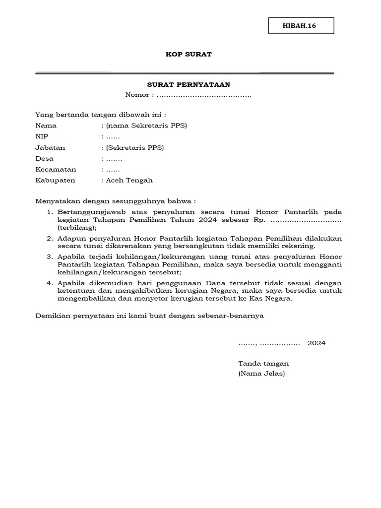 Surat Pernyataan Honor Pantarlih | PDF | Game & Aktivitas
