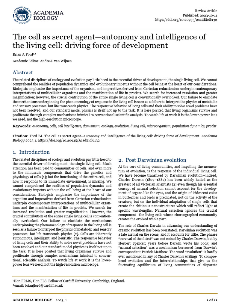 The Cell As Secret Agent Autonomy and in | PDF | Action Potential | Neuron