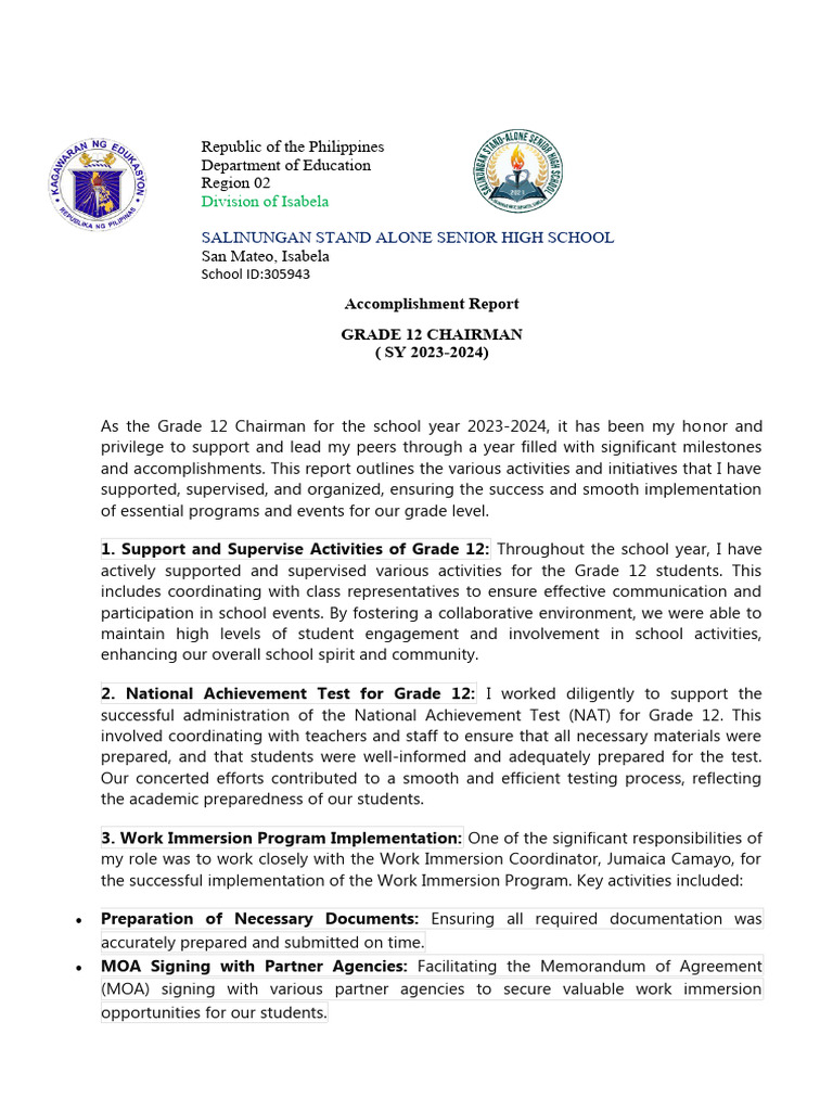 Grade 12 Chairman's Yearly Report | PDF