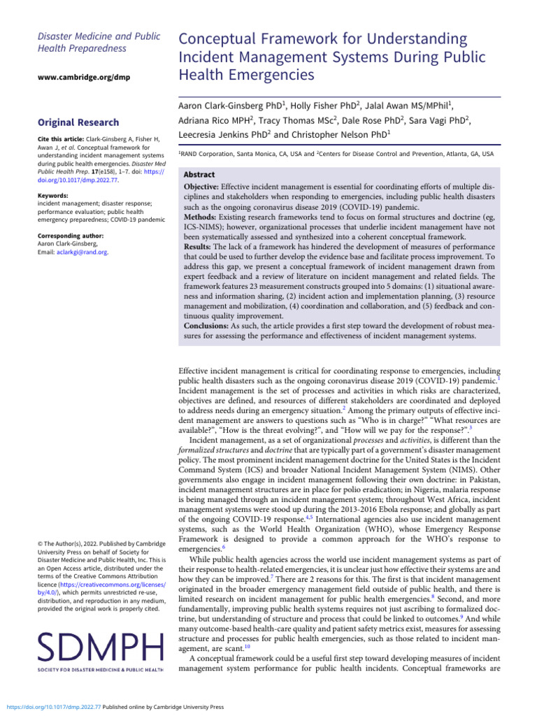 Conceptual Framework For Understanding Incident Management Systems During Public Health ...