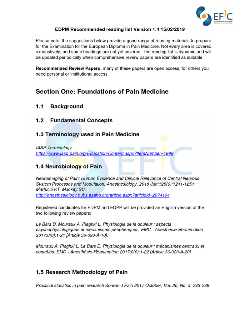 Reading-List-V1.4 - For EDPM | PDF | Headache | Pain Management