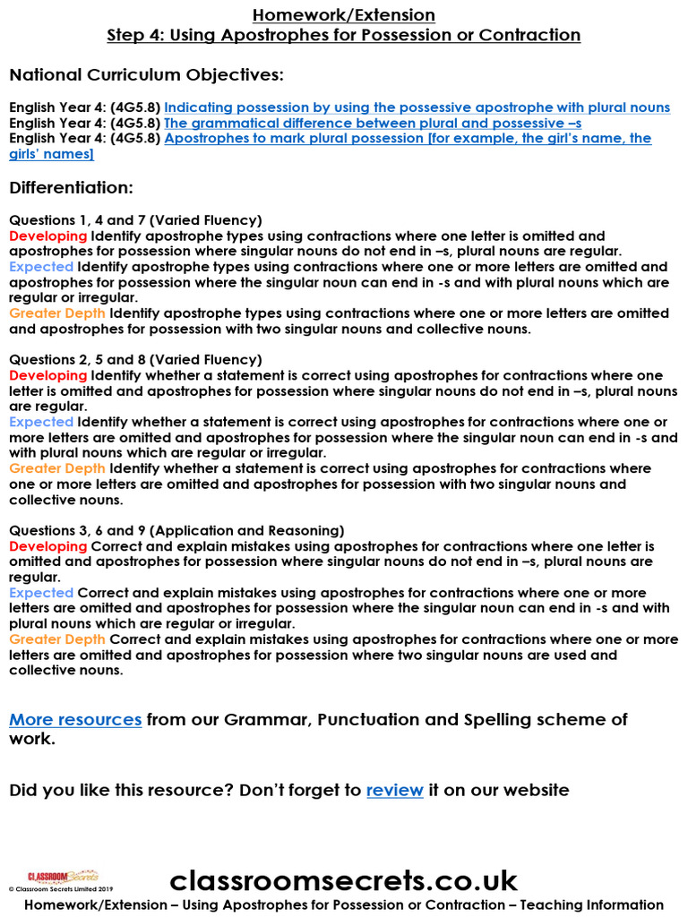 Year 4 HW EXT Using Apostrophes For Possession or Contraction | PDF ...