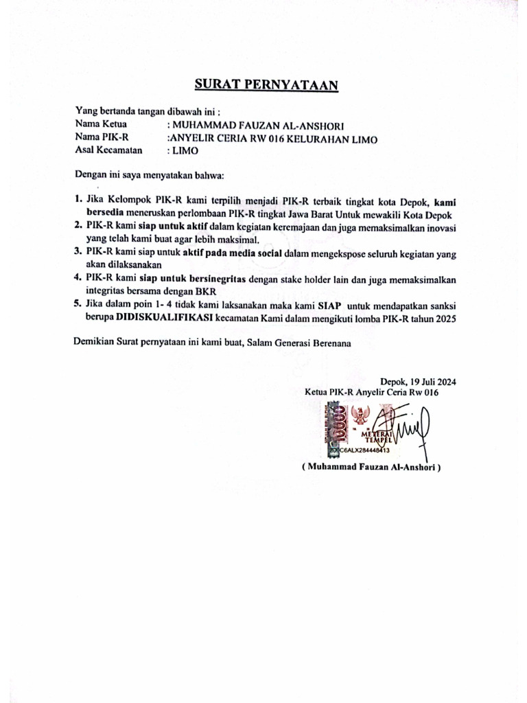 Surat Pernyataan Pik-R Anyelir | PDF