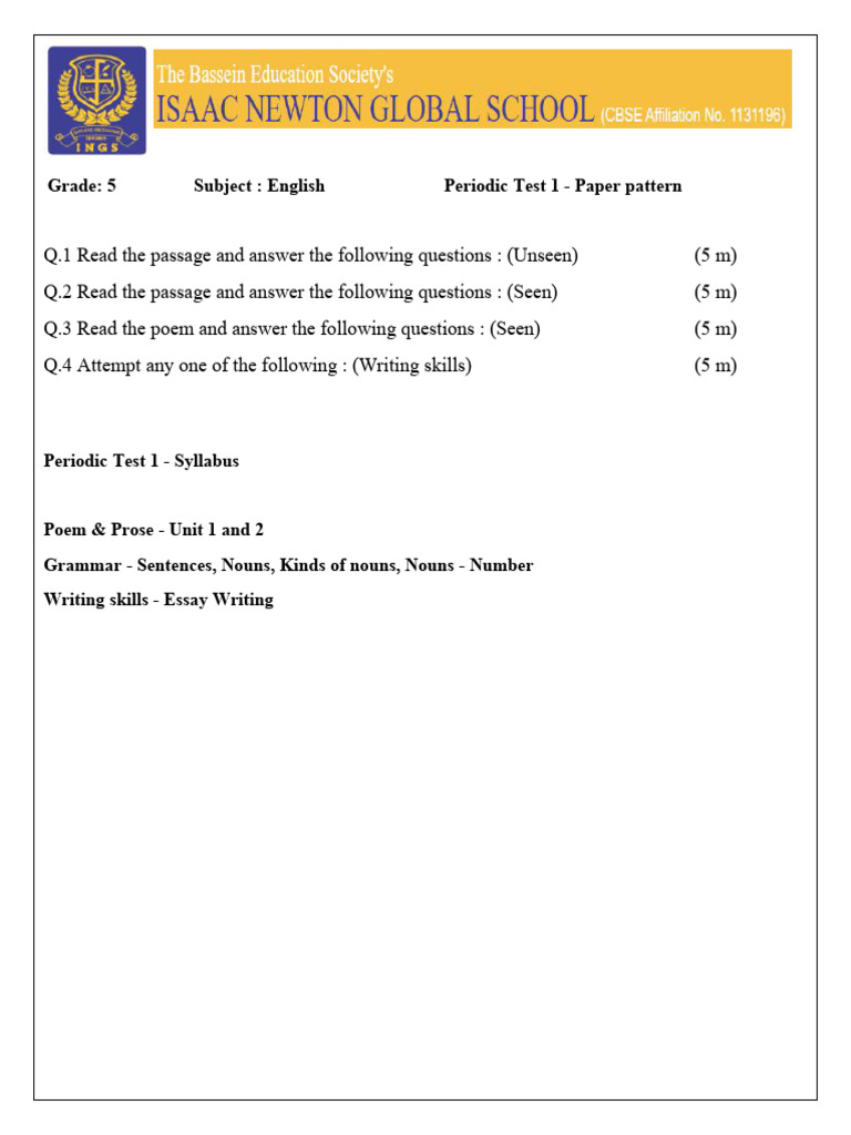 Paper Pattern 1st Periodic Test | PDF