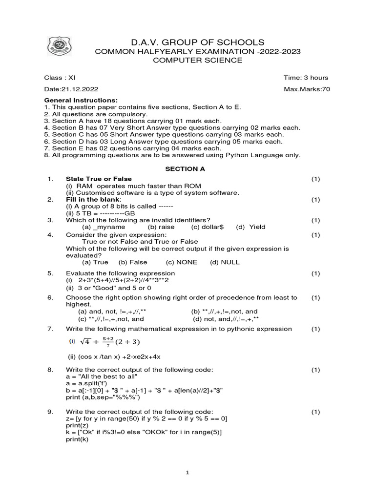 Class 11 Compsci Qp 211222 Pdf Computer Programming Computing