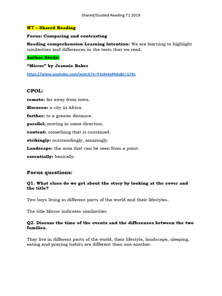 guided reading plan- Mirror by Jeannie Baker | PDF | Applied ...