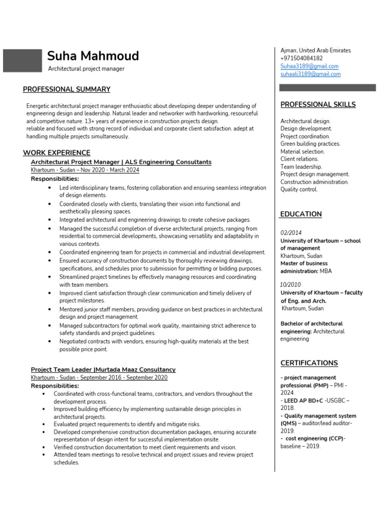 Suha Mahmoud Cv | PDF | Architect | Project Management
