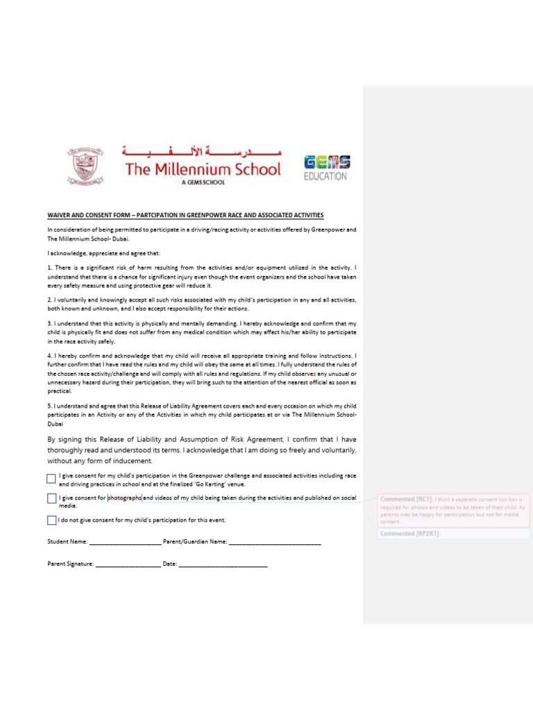 Greenpower Race Waiver and Consent Form | PDF | Consent | Risk