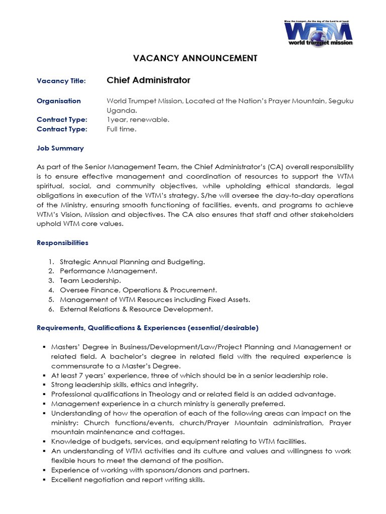 Chief Administrator WTM Advert2024 | PDF | Leadership | Budget