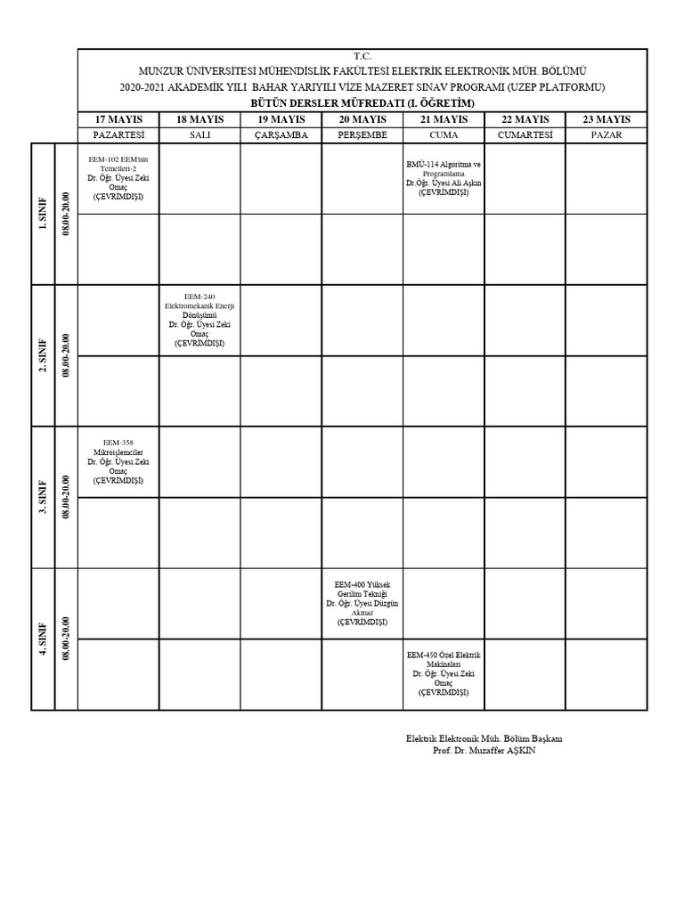 Eem 2020-21 Bahar - Vi̇ze Mazeret Sinav Programi | PDF