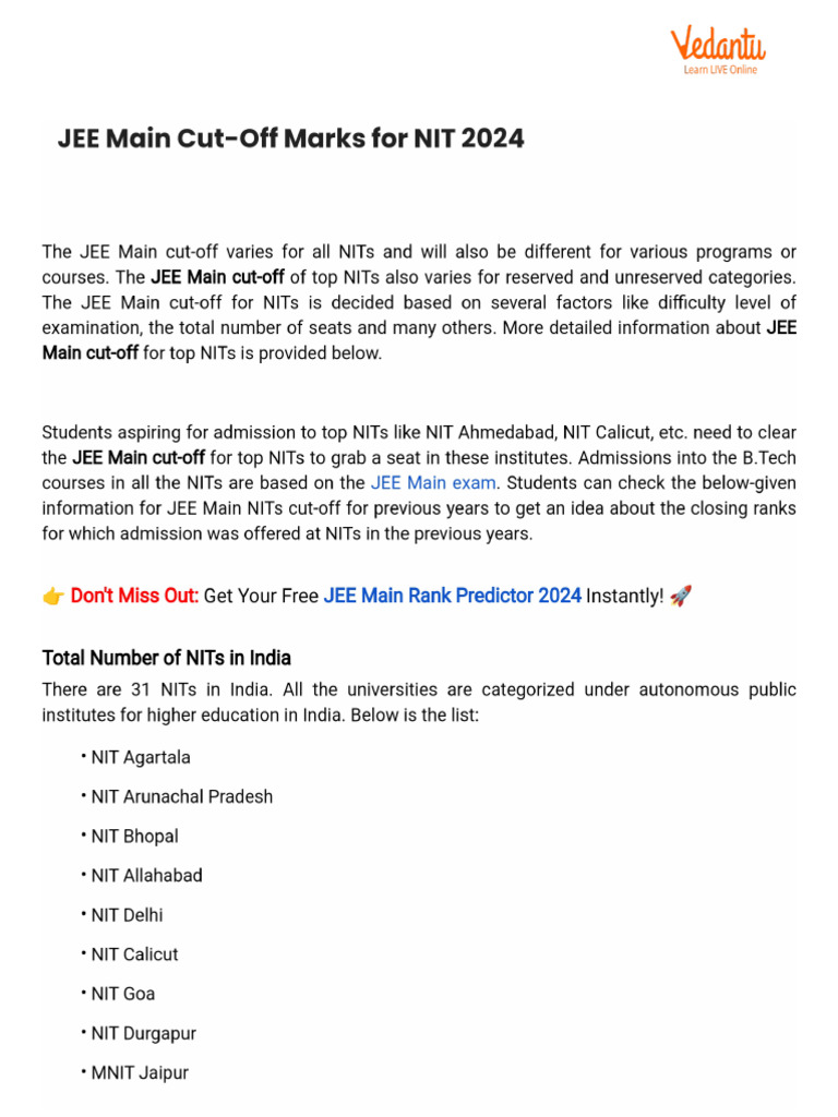 JEE Main Cut-Off Marks for NIT 2024 | PDF