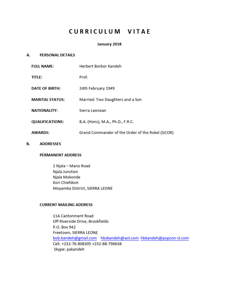 Herbert Kandeh's Academic CV | PDF | Sierra Leone | Census