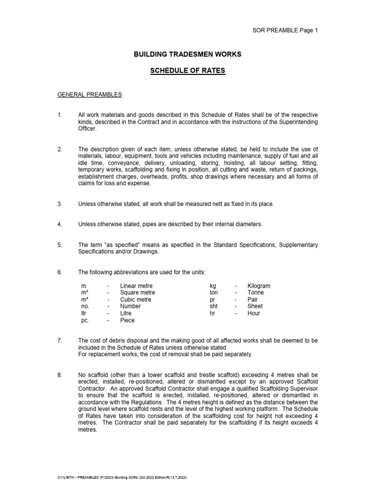BTW - PREAMBLES (FY2023) - Building SORs (Oct 2022 Edition) R | PDF ...