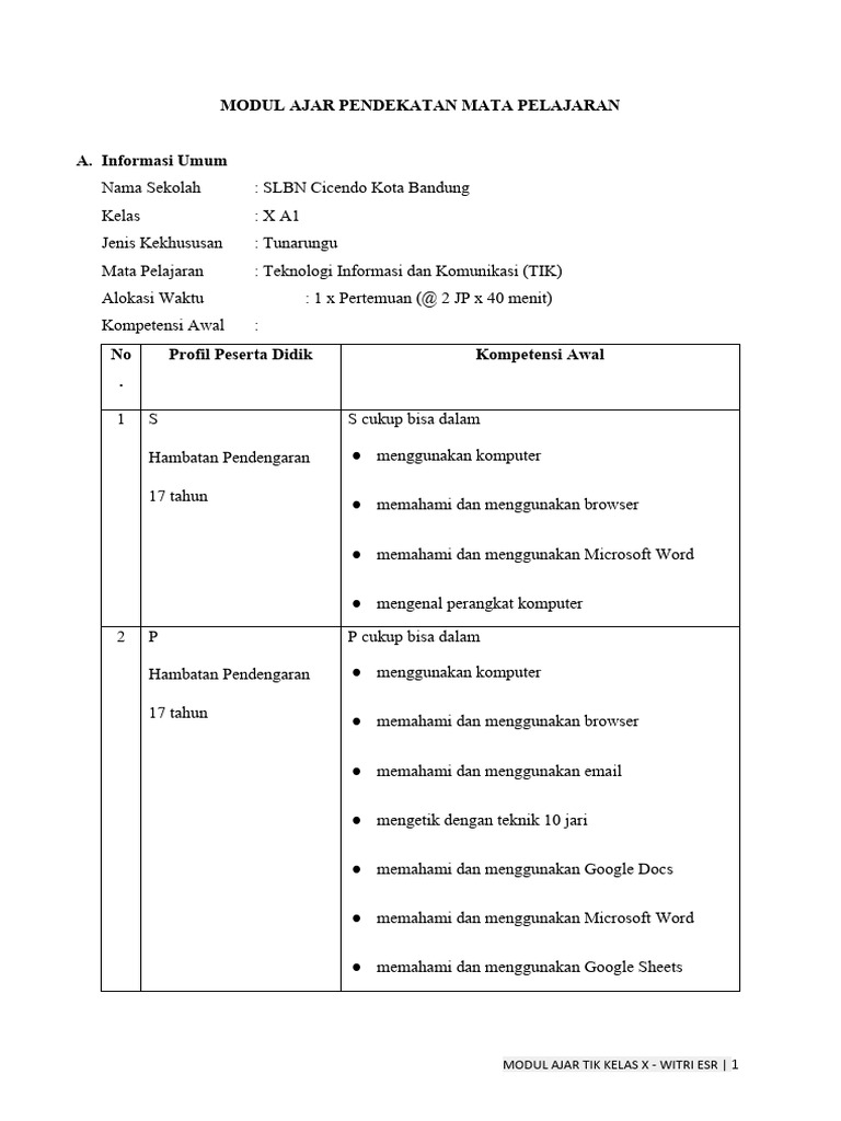Modul Ajar Tik Kelas 10a1 2 | PDF