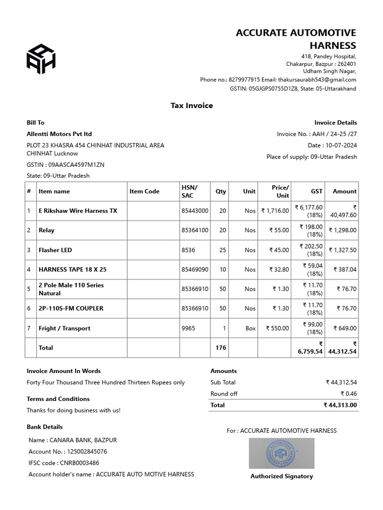 Tax Invoice - AAH 24-25 27 - 10 - 07 - 24 | PDF | Payments | Rupee