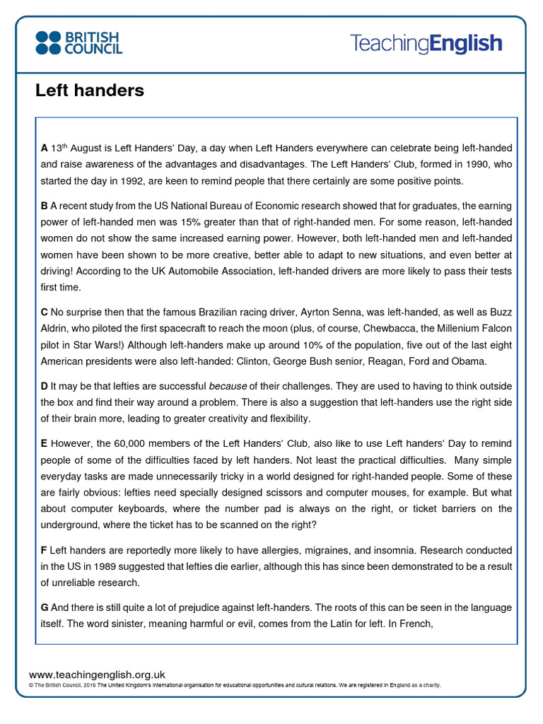 Left Handers Worksheet 1 | PDF | Handedness | Cognition