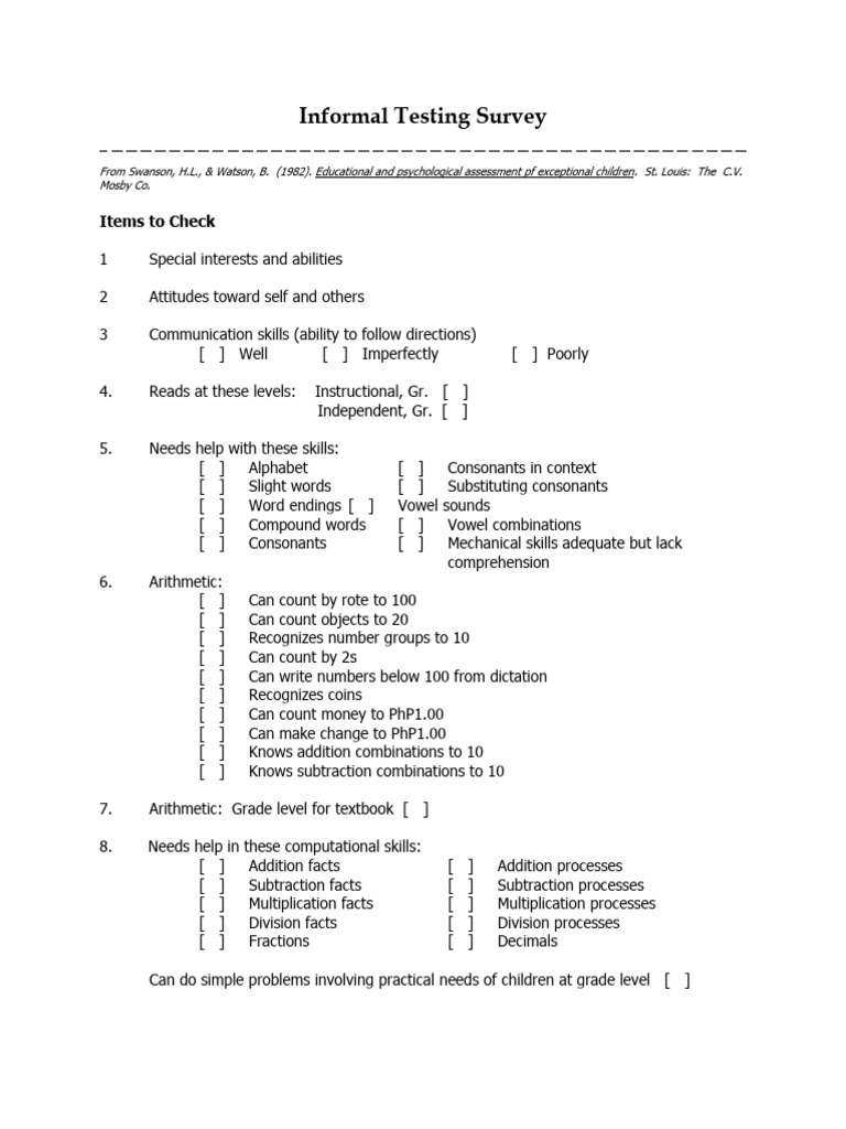 Informal Testing Survey | PDF | Arithmetic