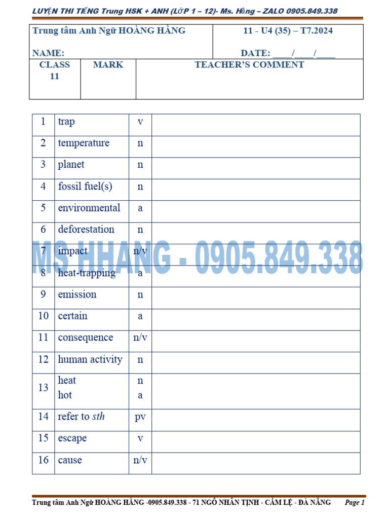 Trung tâm Anh Ngữ HOÀNG HẰNG Name: 11 - U4 (35) - T7.2024 DATE ...