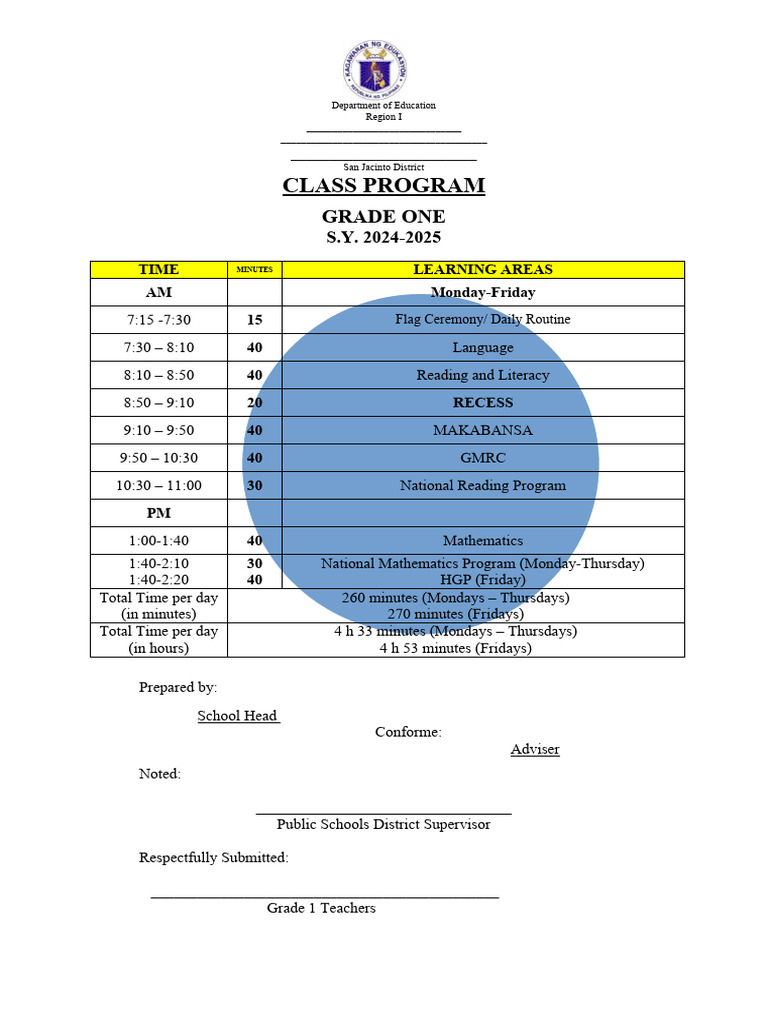 Grade 1 Sample Class Program | PDF