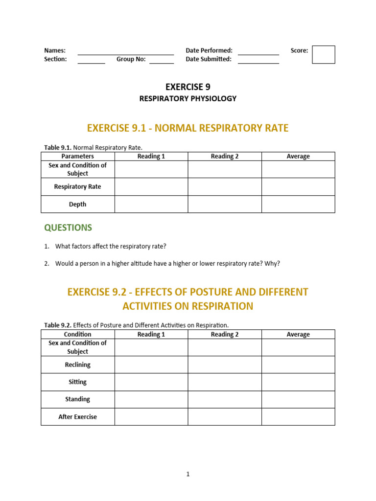 (WORKSHEET) Experiment 10 - Respiratory Physiology | PDF | Breathing | Exhalation