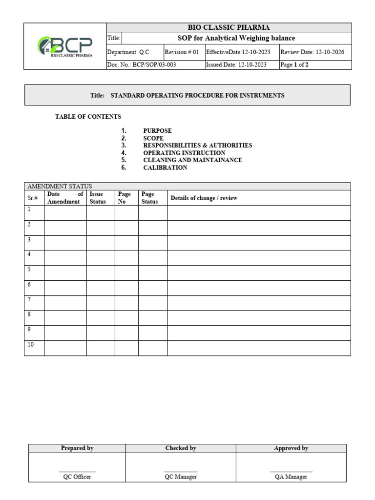 SOP For Analytical Balance | PDF | Calibration