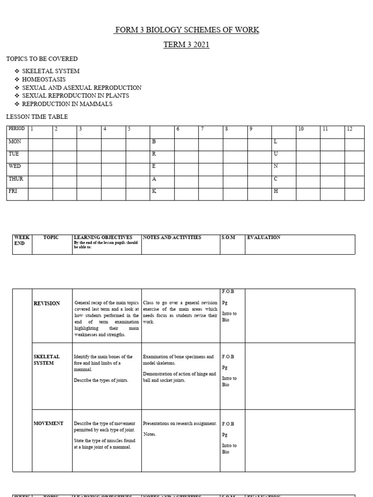 Form 3 Term 3 Biology Schemes of Work (4C 2016) | PDF | Reproduction ...
