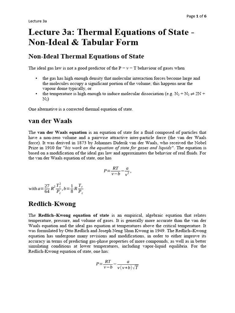 Lecture 3a - Non-Ideal Thermal Equations of State | PDF | Gases | Chemistry